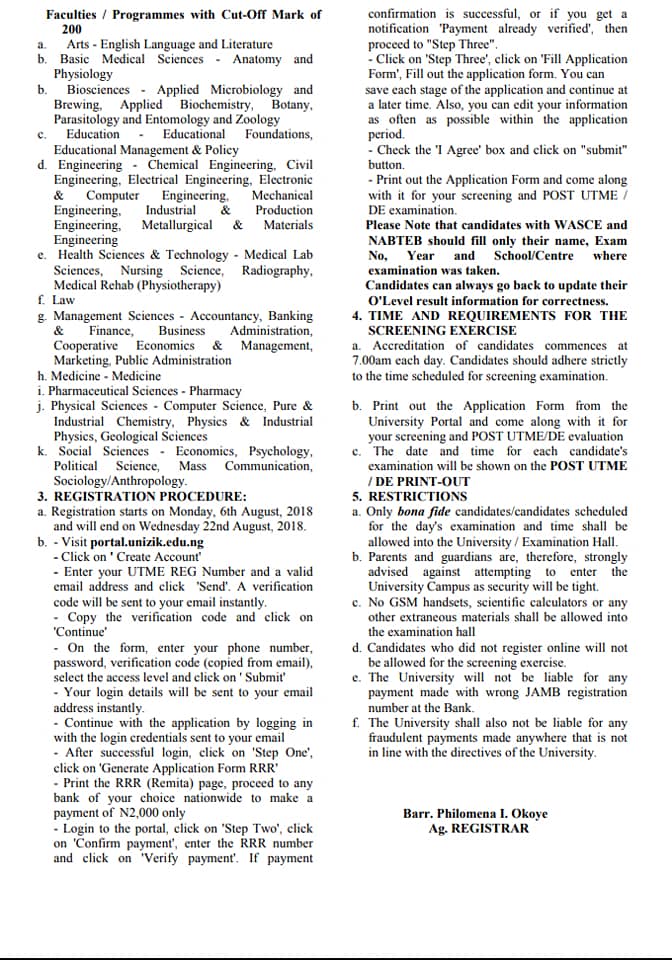 UNIZIK Post UTME Form 2018: Cut-off Mark & Screening Date Out | Campus ...